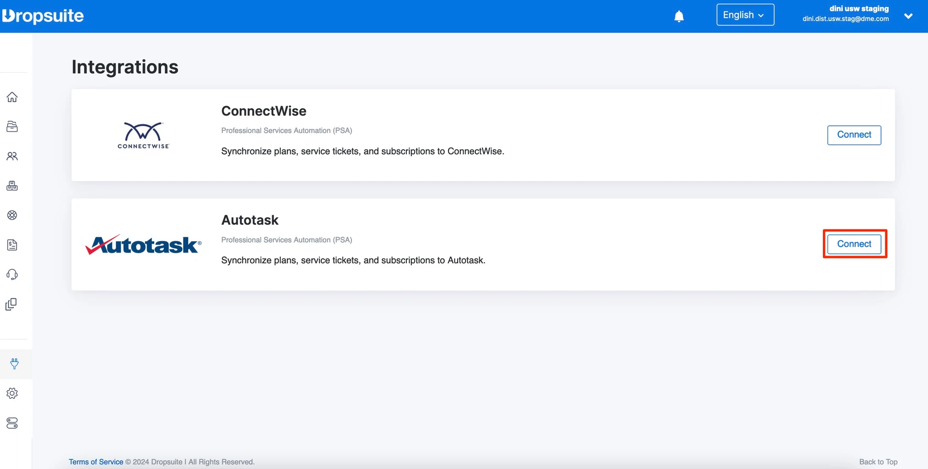 Connecting to Autotask – Dropsuite